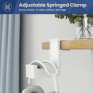 Dual Headphone Stand Holder - EURPMASK 2 in 1 PC Gaming Headset Hooks, 360 Degree Rotating Headphone Hanger with Adjustable Clamp & Cable Clip Organizer, Headset Mount Under Desk Earphone Clamp-White