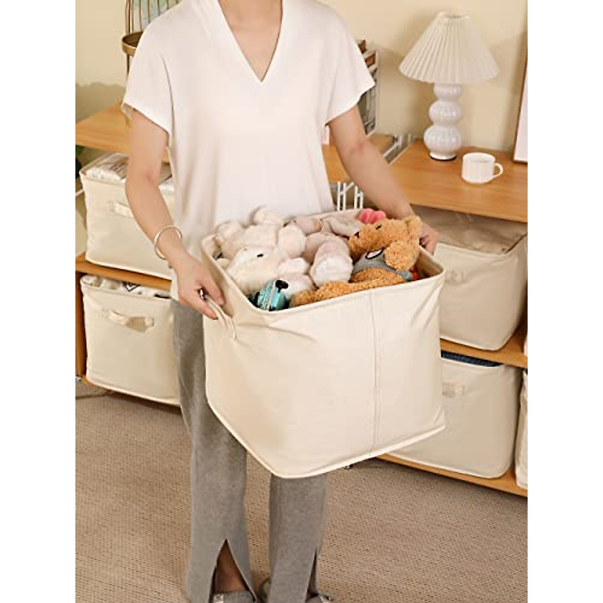 YONBEN Decorative Basket Rectangular Fabric Storage Bin Organizer Basket with Handles for Clothes Storage (13.7 x 13.7 x 6.2, Beige)