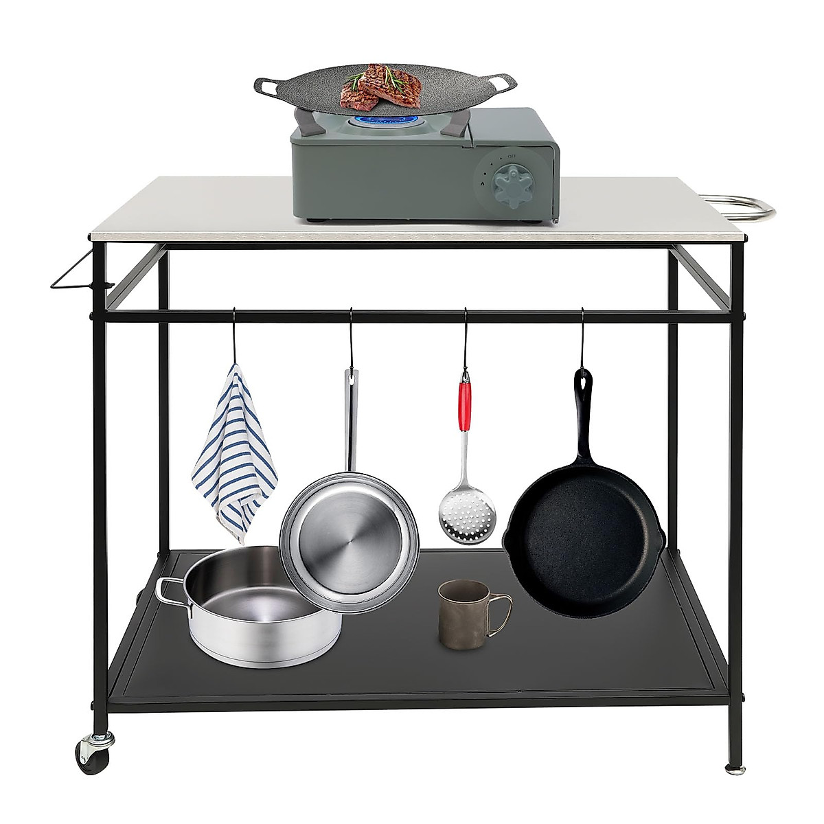 Gagalayong Double-Shelf Movable Outdoor Grill Cart Pizza Oven Stand, Multifunctional Kitchen Food Prep Table with Drawer, Black Solid Steel Dining Worktable on 4 Wheels & Seasoning Tray