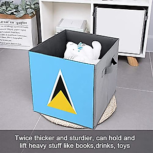 Saint Lucia Flag PU Leather Collapsible Storage Bins Canvas Cube Organizer Basket with Handles