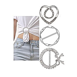 3 Pack Alloy T-Shirt Clips Rhinestone Scarf Ring Buckles 1.9 Inch Round Heart Shape Tshirt Scarves Clothes Waist Tie Decoration Accessories for Women Girls