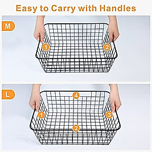 Wire Storage Baskets, iSPECLE 4 Pack Large Metal Wire Baskets Pantry Organization and Storage with Handles, Freezer Organizer Bins for Pantry Kitchen Shelf Laundry Cabinets Garage, Black