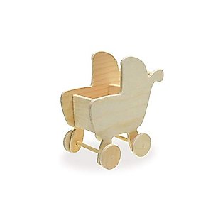Baby Carriage Pram Stroller Miniature Wood for Baby Shower, Crafts, & DIY - 4 Inches Tall
