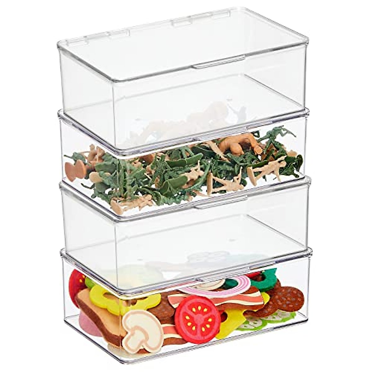 mDesign Plastic Playroom and Gaming Storage Organizer Box Containers with Hinged Lid for Shelves or Cubbies, Holds Small Toys, Building Blocks, Puzzles, Markers, Controllers, or Crayons, 4 Pack, Clear