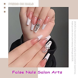 24 Pcs Press on Nails Long Fake Nails Acrylic Ballet French White Illuminate Butterfly adhesive tape on Nails Design Nails for Women and Girls