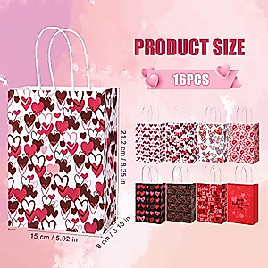 Valentine Day Gift Bags, 16pcs Valentines Paper Bags with Handles Love Heart Patterns Cookie Candy Bags Valentine Day Party Supplies for Kids Classroom Exchange Presents (8 Styles)