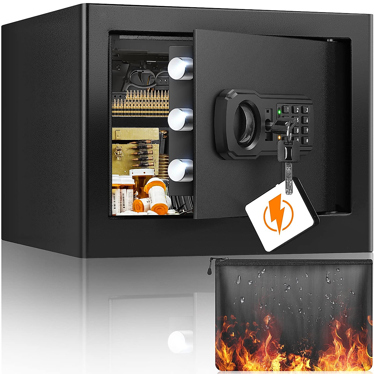 1.0 Cub Personal Safe for Home Use, Fireproof Combination Safe with Silent Mode Keypad and Spare Keys, Fire Proof Safe Box for Firearm Cash Jewelry Medicine Documents