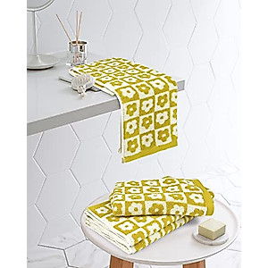 4 Pack Cotton Hand Towels for Bathroom Kitchen - Soft and Quick Drying Face Towels Checkered Floral Yellow, 410 GSM, 29” x 13”