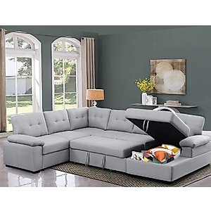 Sleeper Sofa Couch Bed with Pull Out Couch Living Room Set Sectional Sleeper Sofa with Storage Chaise Modular Couch Fabric Sofa Bed in Grey