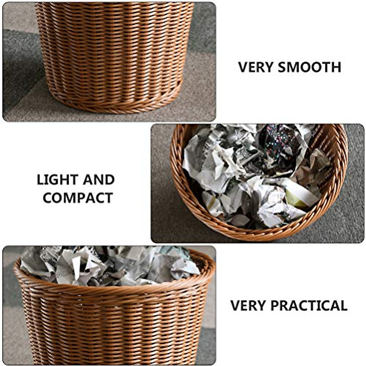 Wakauto Trashcan Paper Wastebasket Rattan Woven Storage Baskets Decorative Farmhouse Open Trash Can Rubbish Bin Container Laundry Organizer Basket for Bedroom Desktop Light Brown Rattan Basket
