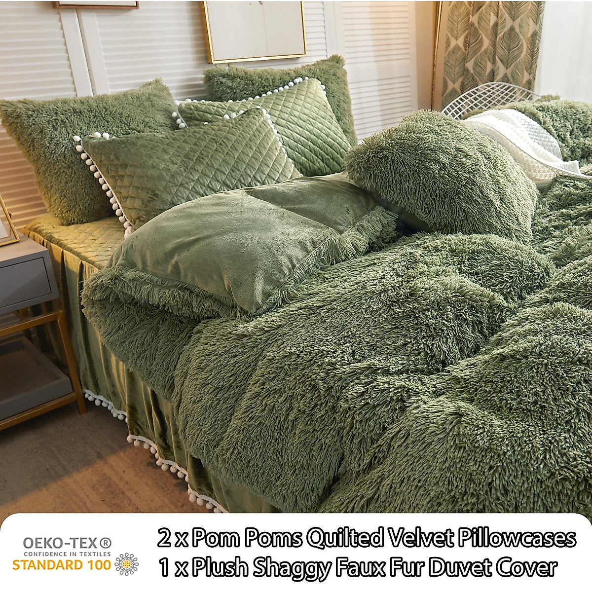 LIFEREVO Luxury Plush Shaggy Duvet Cover Set, Soft Fluffy Furry Duvet Cover Set(1 Faux Fur Fuzzy Comforter Cover+2 Pom Poms Velvet Pillowcases)Solid Bedding Set, Zipper Closure(Full/Queen, Sage Green)