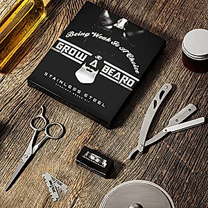 Straight Razor, Complete Straight Razors for Men Kit with 50 Single Blade Razors for Men and Scissors, Barber Supplies, Straight Edge Razor, Professional Barber Razor Blade (Silver)