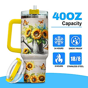 99OWL Cups Tumblers Women Butterfly Coffee Lavender Handle For Yellow, Sunflower Gifts, Tumbler 40 Oz With Handle Lid And Straw, Sunflower Canvas Cover
