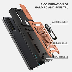 AKINIK for TCL 30 XE 5G Phone Case(Not Fit TCL 30 XL), with Slide Camera Cover and 2pcs HD Screen Protector, 360° Rotation Ring Kickstand [Military Grade] Case (Rose Gold)