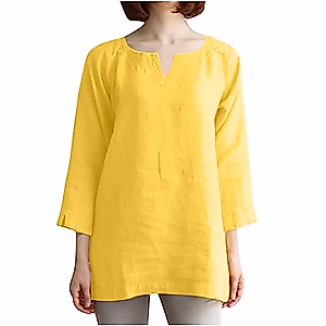 Orders Placed by me Womens Workout Tops Notch V Neck Long Sleeve Oversized Blouses Solid Color Loose Casual Cutton Linen Workout Tunics Yellow L