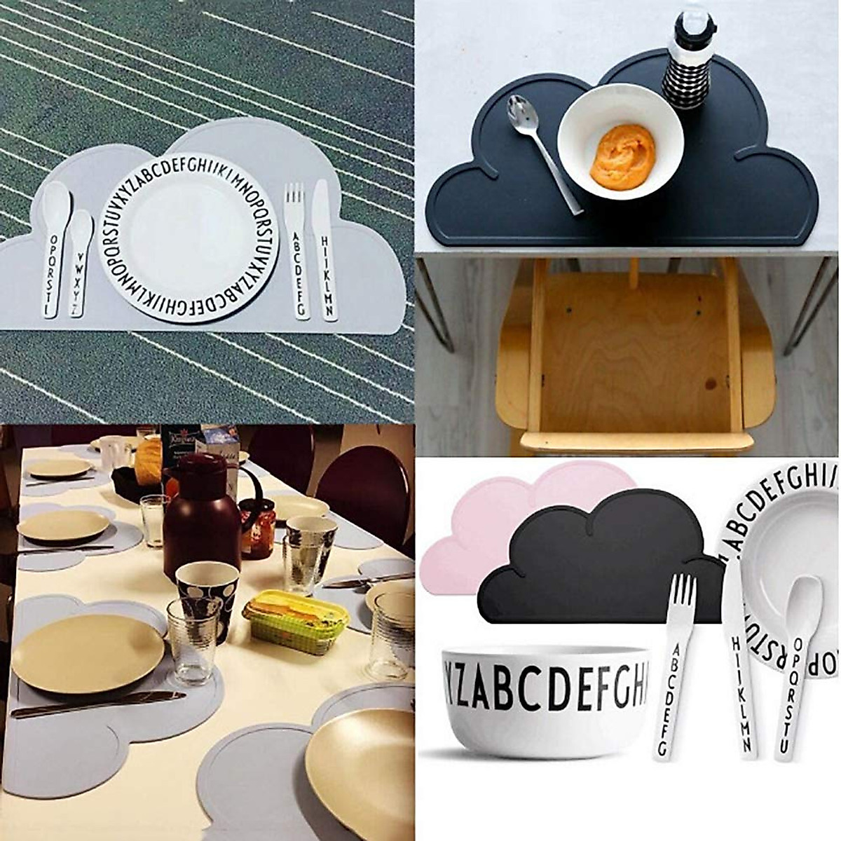 Kids Placemat - Silicone Cloud Shape Non Slip Waterproof Placemat for Kids Baby Toddlers, Portable Food Mat BPA Free Reusable Placemats for Travel and High Chairs-Easy to Clean and Roll Up (White)