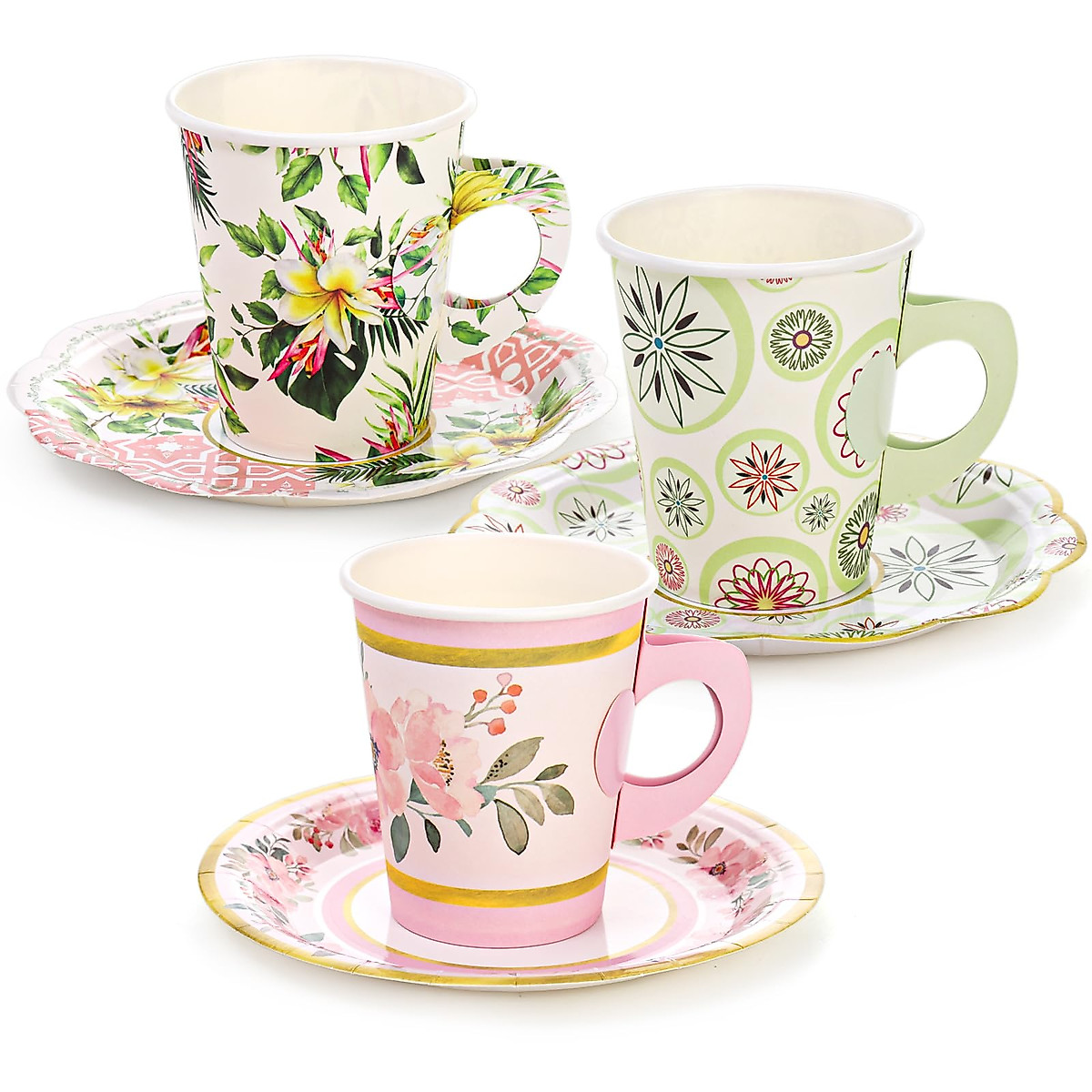 Yarlung 96 Pcs Paper Tea Cups and Plates, Disposable 9oz Teacups with Handle 6 Inch Saucers Sets for Tea Party Decorations, Mother's Day, Birthday Favors, Floral 3 Designs