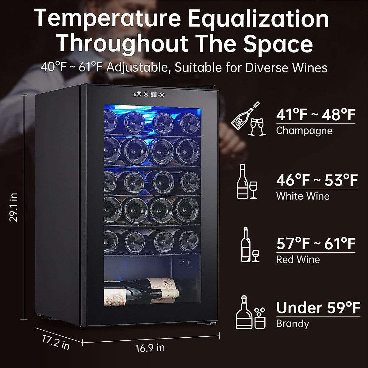 Garvee Wine Fridge 24 Bottle, Wine Cooler Refrigerator with 40~61°F Digital Temperature Control, Freestanding Wine Cellar for Red White Wine, Champagne, Beer with Blue Interior Light