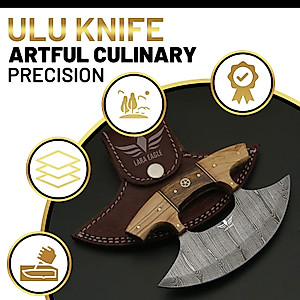 Lara Eagle Damascus Steel Ulu Knife, Celtic Knot Handle made of Exotic Rose Wood and Olive wood, 6 inch blade One-Handed Rocker Knife with Leather Sheath