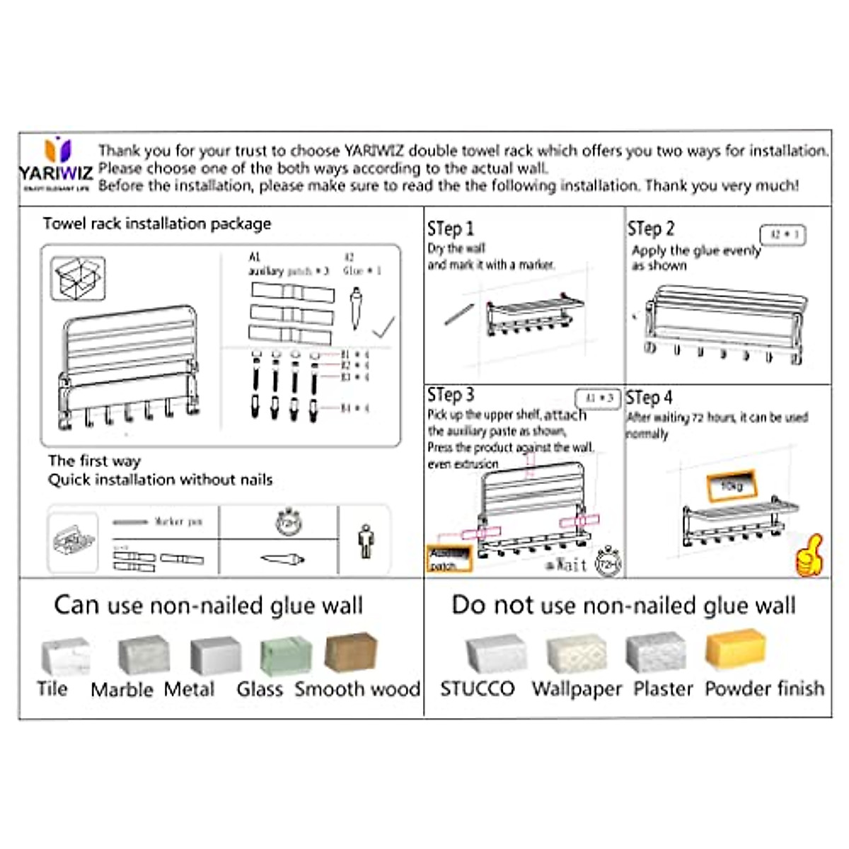 Yariwiz Matte Black Towel Rack Wall Mounted No Drill and Screw Mounting, Bathroom Bath Shower 22.5 inch Double Towel Rod with Shelf Hotel