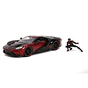 Jada Toys Marvel 1:24 2017 Ford GT Die-cast Car with 2.75" Miles Morales Spider-Man Figure, Toys for Kids and Adults Black and Red
