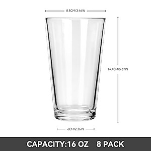 CUCUMI 8pcs 16oz Beer Pint Glasses, Drinking Glasses Set of 8 Highball Glasses Water Cups for Cold Beverages