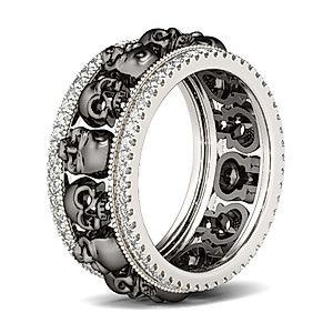 Jeulia Black Skull Rings for Women Mens Sterling Silver Biker Band Style Rings Two Tone Plated Stackable Wedding Bands White Diamond Bridal Set Engagement Anniversary Promise rings for Her (7.5)