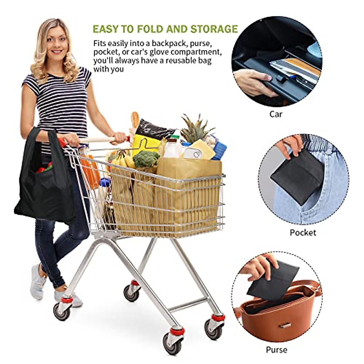 Chumia 50 Pack Reusable Grocery Bags Foldable Portable Shopping Bags Polyester Washable Grocery Bag with Handles (Black)