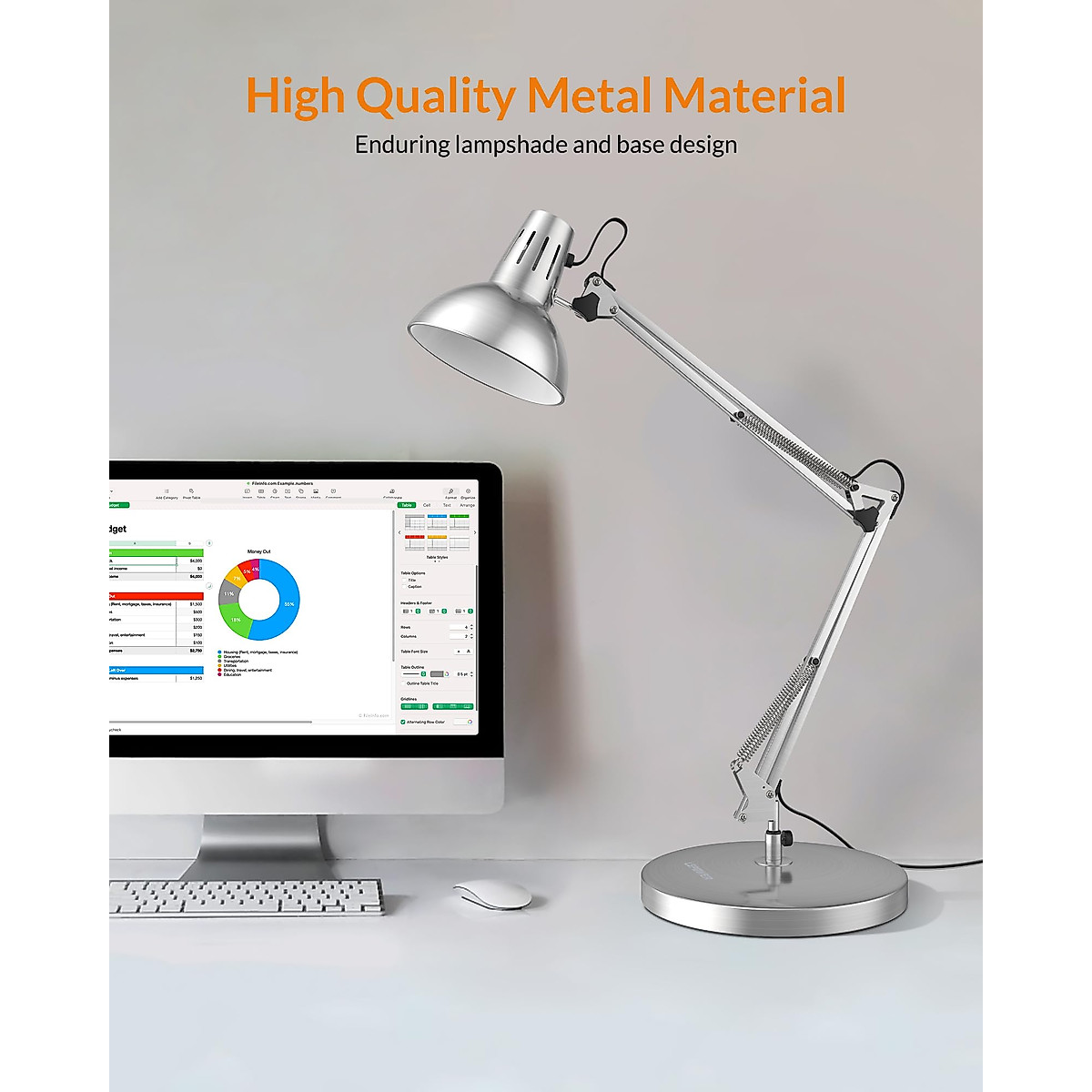 LEPOWER Metal Desk Lamp, Adjustable Goose Neck Architect Table Lamp with On/Off Switch, Swing Arm Desk Lamp with Clamp, Eye-Caring Reading Lamp for Bedroom, Study Room &Office (Silver)
