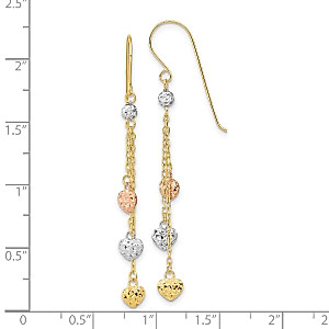 14K Tri Color Gold Triple Heart Love Drop Dangle Earrings