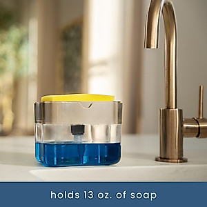 S&T INC. Dish Soap Dispenser and Sponge Holder for Kitchen Sink, Sponge Included, 13 Ounces, Metallic Silver