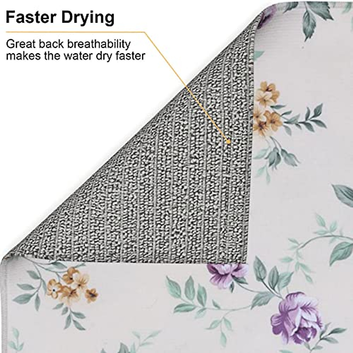 Purple Pink Flower Printed Drying Mat For Kitchen Ultra Absorbent Microfiber Dishes Drainer Mats Non-Slip Silicone Quick Dry Pad - 18 X 16inch