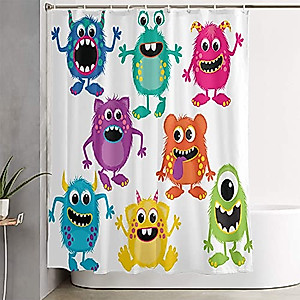 LOKMU 4 Pcs Shower Curtain Sets with Non-Slip Rugs, Toilet Lid Cover and Bath Mat,Cartoon Fluffy Monsters Cute Little Kid Waterproof Shower Curtain with 12 Hooks, Bathroom Decor Sets, 72" x 72"