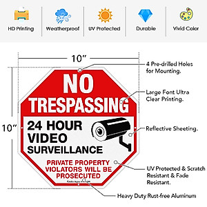 No Trespassing Sign Private Property Protected By Video Surveillance Violators Will Be Prosecuted Sign, 2-Pack 10 x 10 Inch Reflective Aluminum, UV Protected, Weather/Fade Resistant, Easy to Install