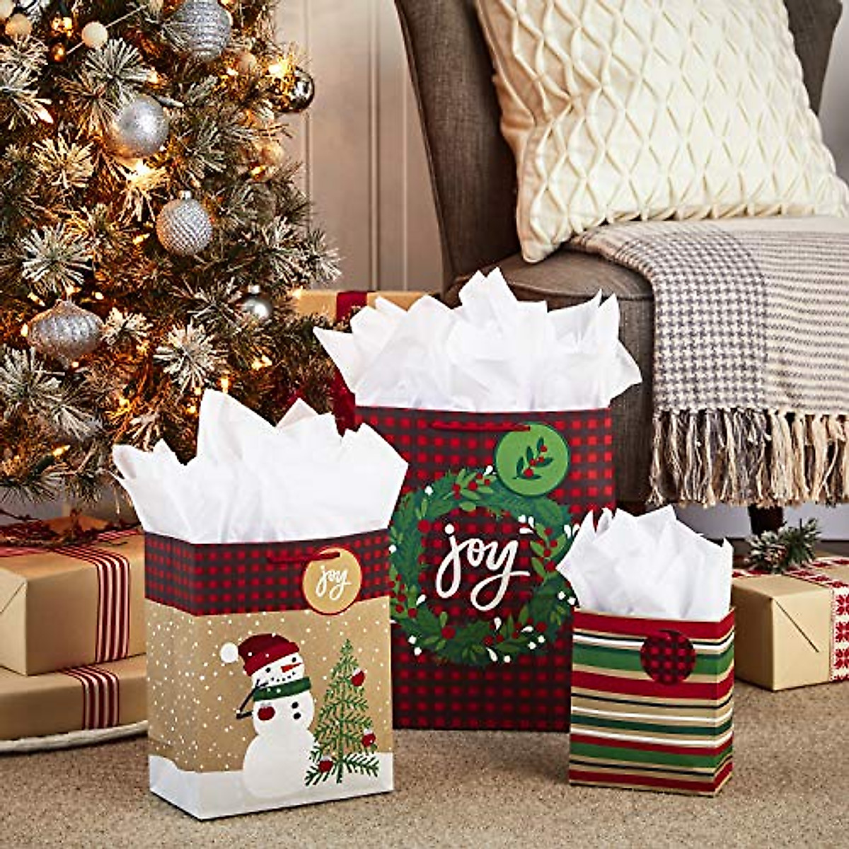 Hallmark Christmas Gift Bag Assortment, Traditional (Pack of 8; 3 Small 6", 3 Medium 9", 2 Large 13") Snowmen, Red Plaid, Kraft Stripes, "Joy" Wreath