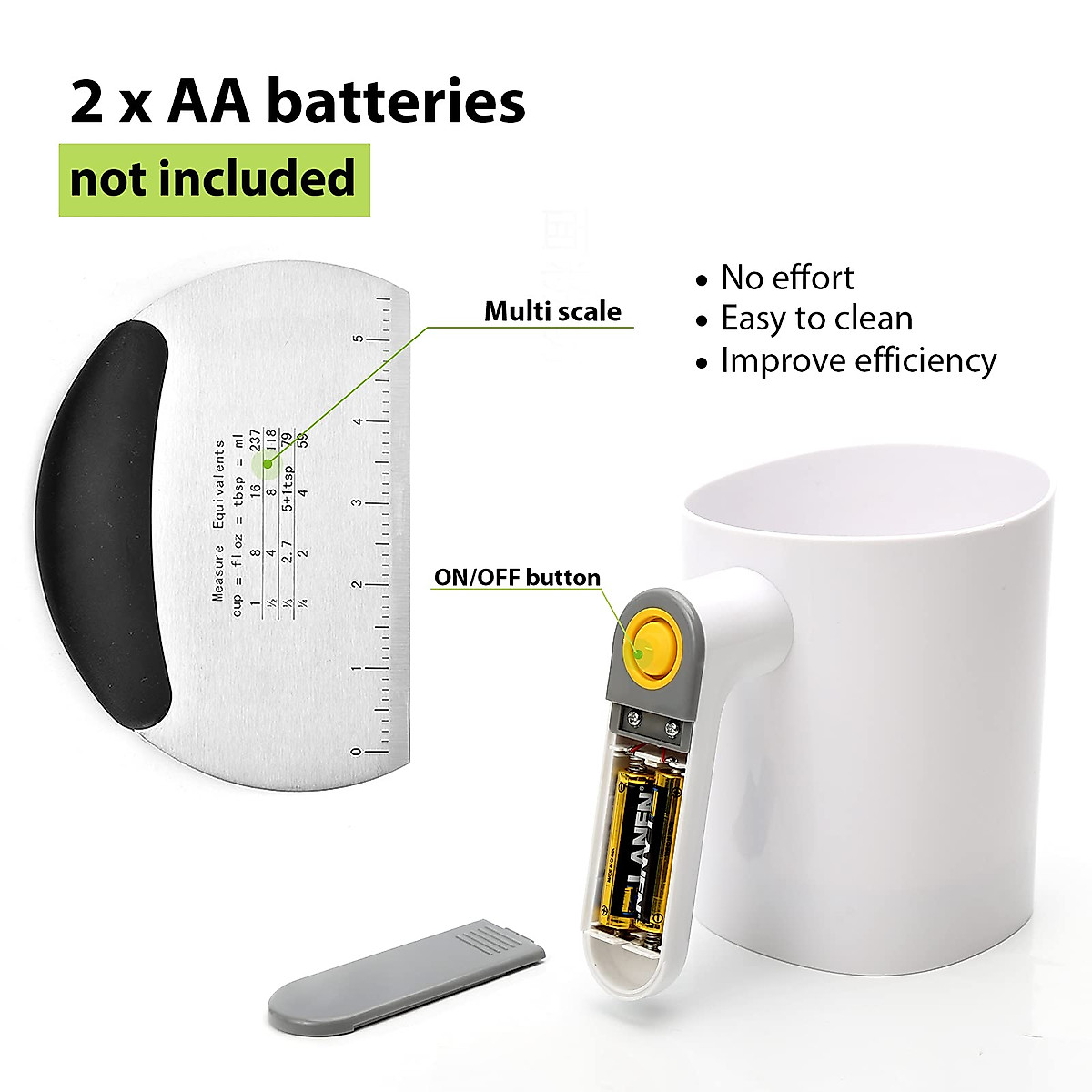 Erivibor Battery Operated Flour Sifter Electric Hand-held Flour Sieve with Dough Scraper Kitchen Baking Tool Powder Filter Food-grade Plastic Body and SS430 Filter Mesh, 4 Cup/1L Capacity, White