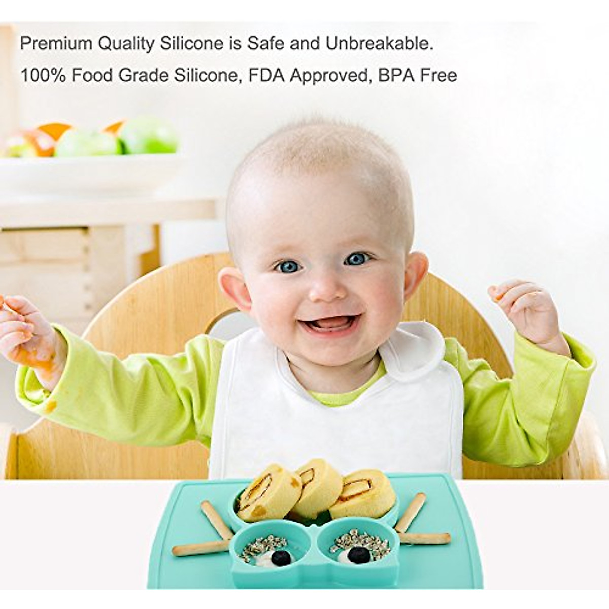 Silicone Divided Toddler Plates - Portable Non Slip Suction Plates Placemat for Children Babies and Kids BPA Free Baby Dinner Plate Bowl (Owl-Cyan)