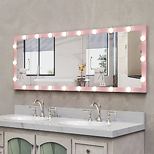 Tidyard Luxury Wall Standing Bedroom Hotel Full Length Mirror with LED Bulbs Touch Control Full Body Dressing Pink Hollywood Vanity Mirror with 3 Color Lights