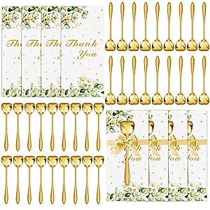 Rtteri 40 Pcs Bridal Shower Favors Tea Spoons Heart Shaped Wedding Party Gift Mini Teaspoons Coffee Tea Party Favors for Women Guests with 40 Gift Tags and 73.8 Ft Ribbon (Gold)