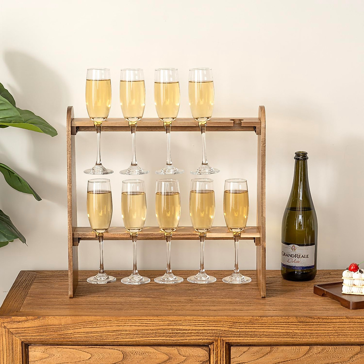 MyGift Industrial Metal Tabletop Wine Glass Holder Stand with 2 Hanger Bars and Shabby White Washed Wood Base - Countertop Stemware Drinking Glasses Hanging Rack