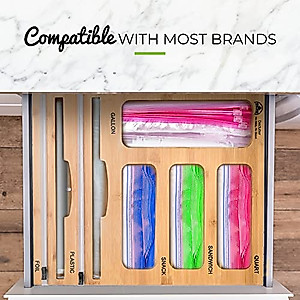 Declutter - Bamboo Ziploc Bag Organizer with Dual Dispensers and Cutters - Kitchen and Home Organization Tool for Gallon, Quart, Sandwich, Snack Bags - Fits in Kitchen Cabinets and Drawers