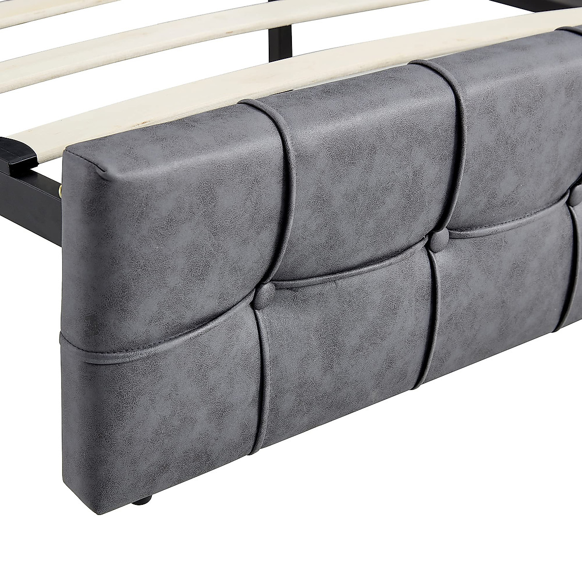 GINGVAT Queen Size Upholstered Platform Bed Frame with Lights and Height Adjustable Headboard, Fashion Square Stitched Button Tech Cloth, Modern Bedroom Furniture, Grey