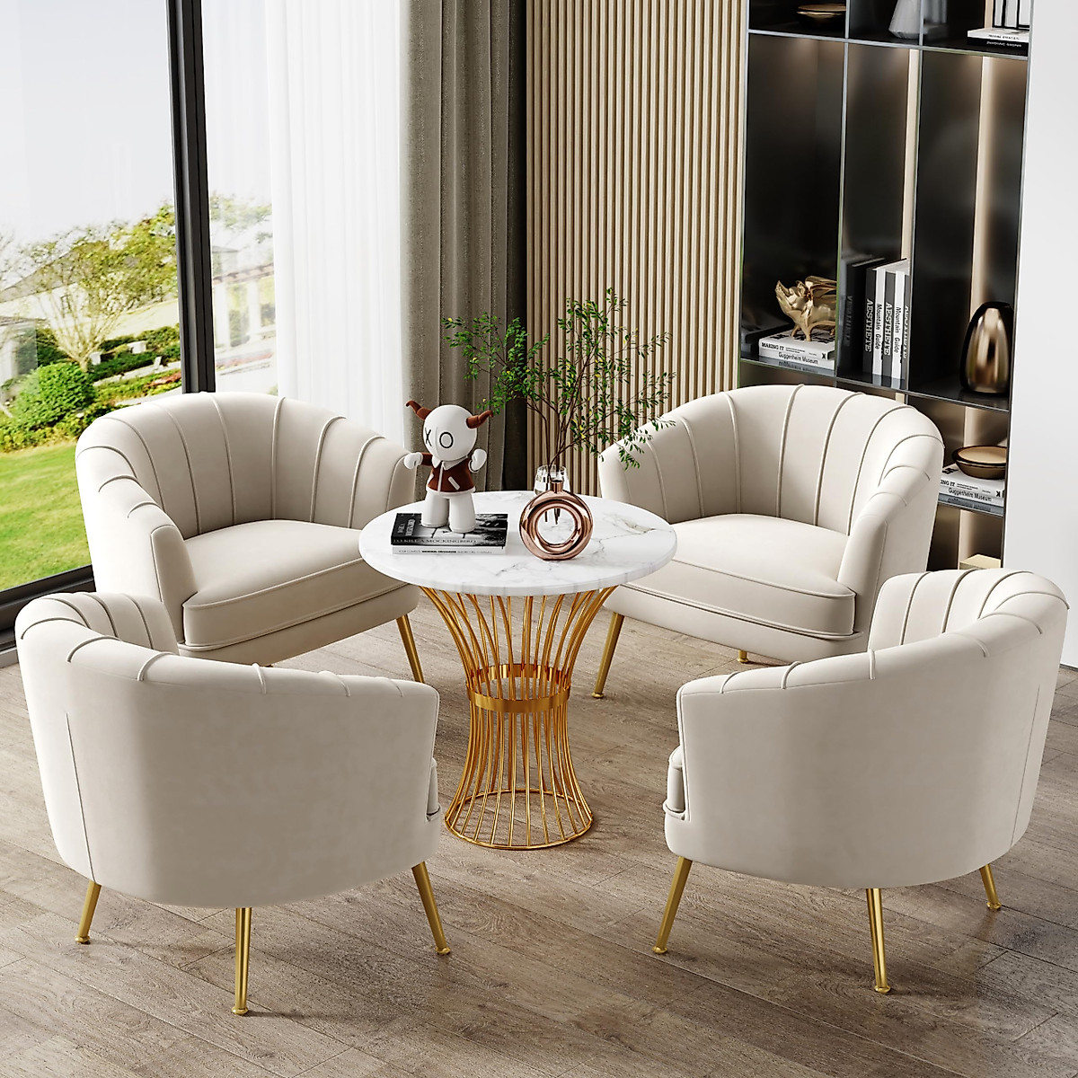 SHINEBOOM Velvet Accent Chairs for Living Room Bedroom Office Leisure Upholstered Single Sofa Chair Arm Chair Comfy Chair Reading Club Coffee Chair with Metal Legs, Beige