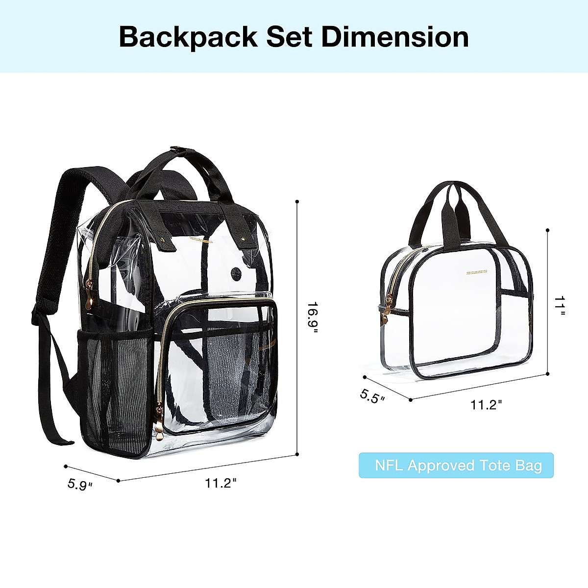 LIGHT FLIGHT Clear Backpack Heavy Duty Transparent Backpack Set See Through Bookbags Durable Backpacks for School, Security, Black