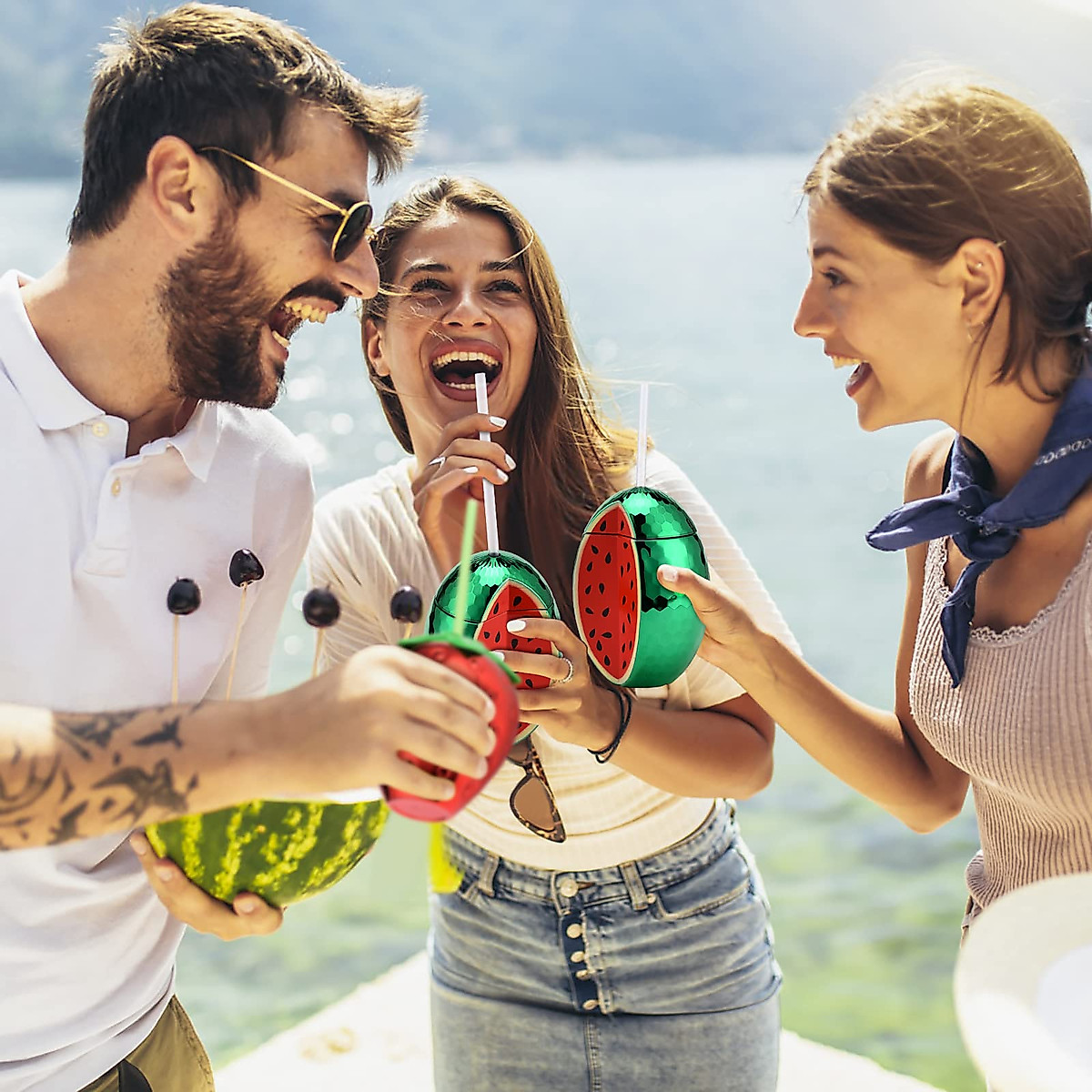 PRTECY Kawaii Fruit Straw Cups, Strawberry Cups Watermelon Tumbler with Lid Portable Cute Water Bottle Mug for Gift Home Office School (720 ML/24 OZ)