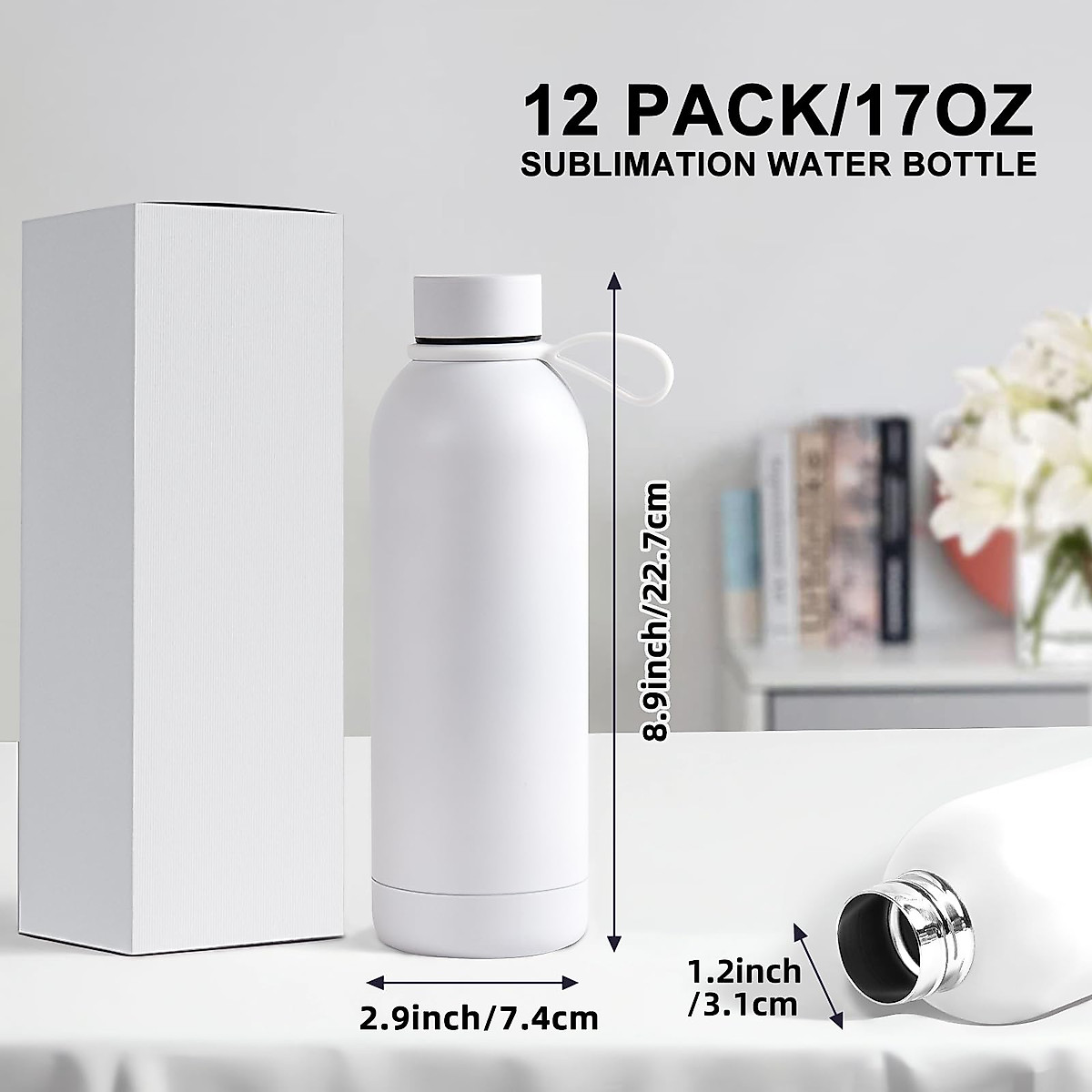 PlanetFlame 12 Pack 17 oz Sublimation Tumblers Bulk, Double-wall Insulated Stainless Steel Water Bottle Sublimation with Silicone Ring for Office,Gym,Travel, Matte White