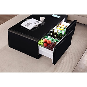 TOUPUWAN Modern Smart Coffee Table with Built-in Refrigerator, Outlet Protection, Wireless Charging Module, Mechanical Temperature Control, Power Outlet, USB Port, Ice Water Port and Power Port Black