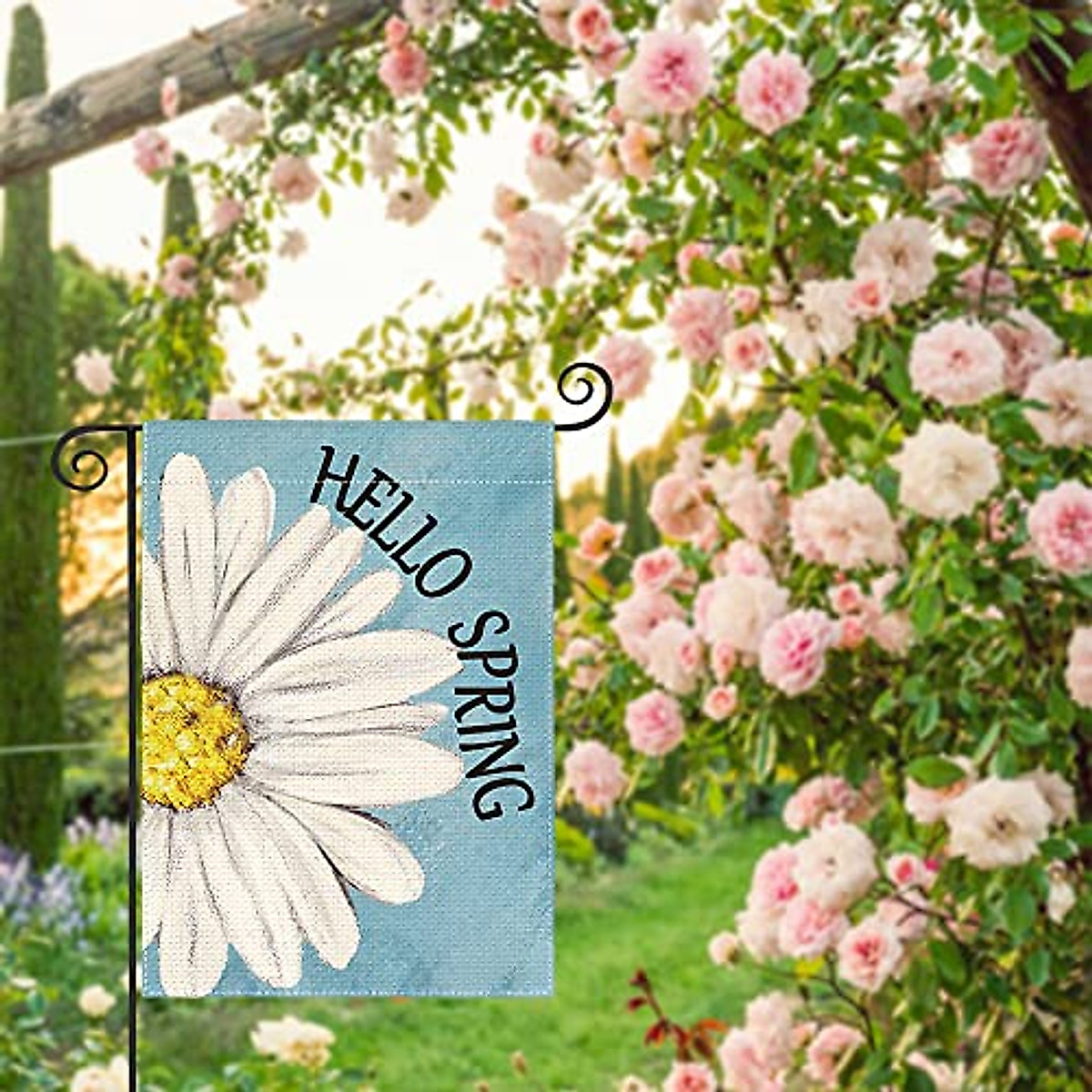 AVOIN colorlife Hello Spring Garden Flag 12x18 Inch Double Sided Outside, Floral Daisy Yard Outdoor Flag Blue