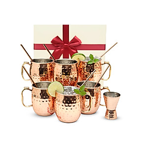 Kitchen Science [Gift Set] Moscow Mule Mugs, Stainless Steel Lined Copper Moscow Mule Cups Set of 6 (18oz) w/Straws, Jigger, Spoon & Brush | Tarnish-Resistant Stainless Steel Interior
