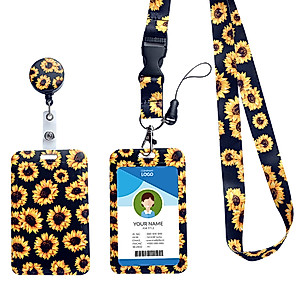 ID Badge Holder with Lanyard - Fashionable ID Card Holders with Retractable Lanyards - Soft Fiber,Metal Clip,Sturdy Buckle for Key,Wallet - Cute Sunflower Work,Nurse,Teacher Badge Holder